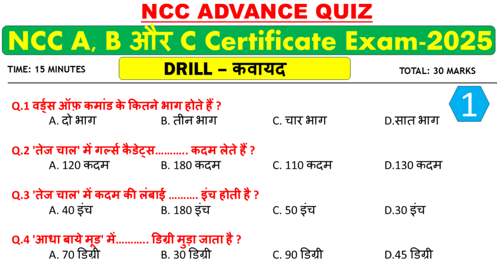NCC Drill Mcq / Objective Quiz NCC A B C Certificate Exam 2025 | Ncc Drill mcq Advance Quiz - 1